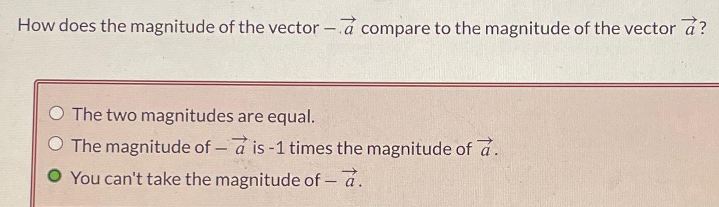 Solved How does the magnitude of the vector -vec(a) ﻿compare | Chegg.com