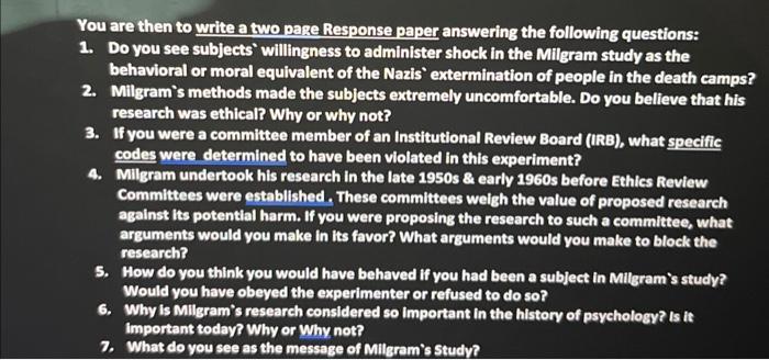 Solved two page reponse on the milgram study answering the | Chegg.com