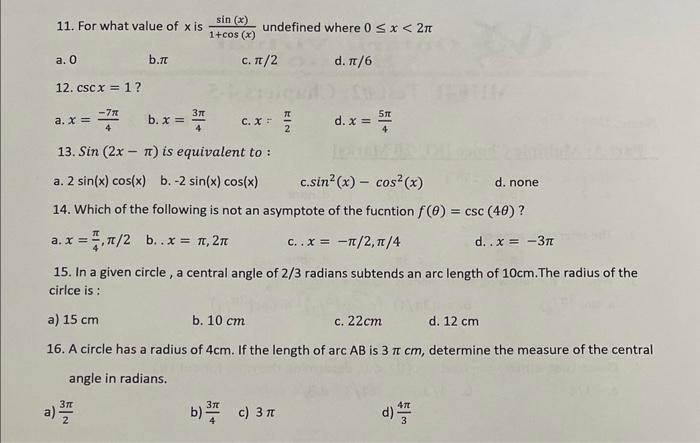 Solved 11. For what value of x is 1+cos(x)sin(x) undefined | Chegg.com