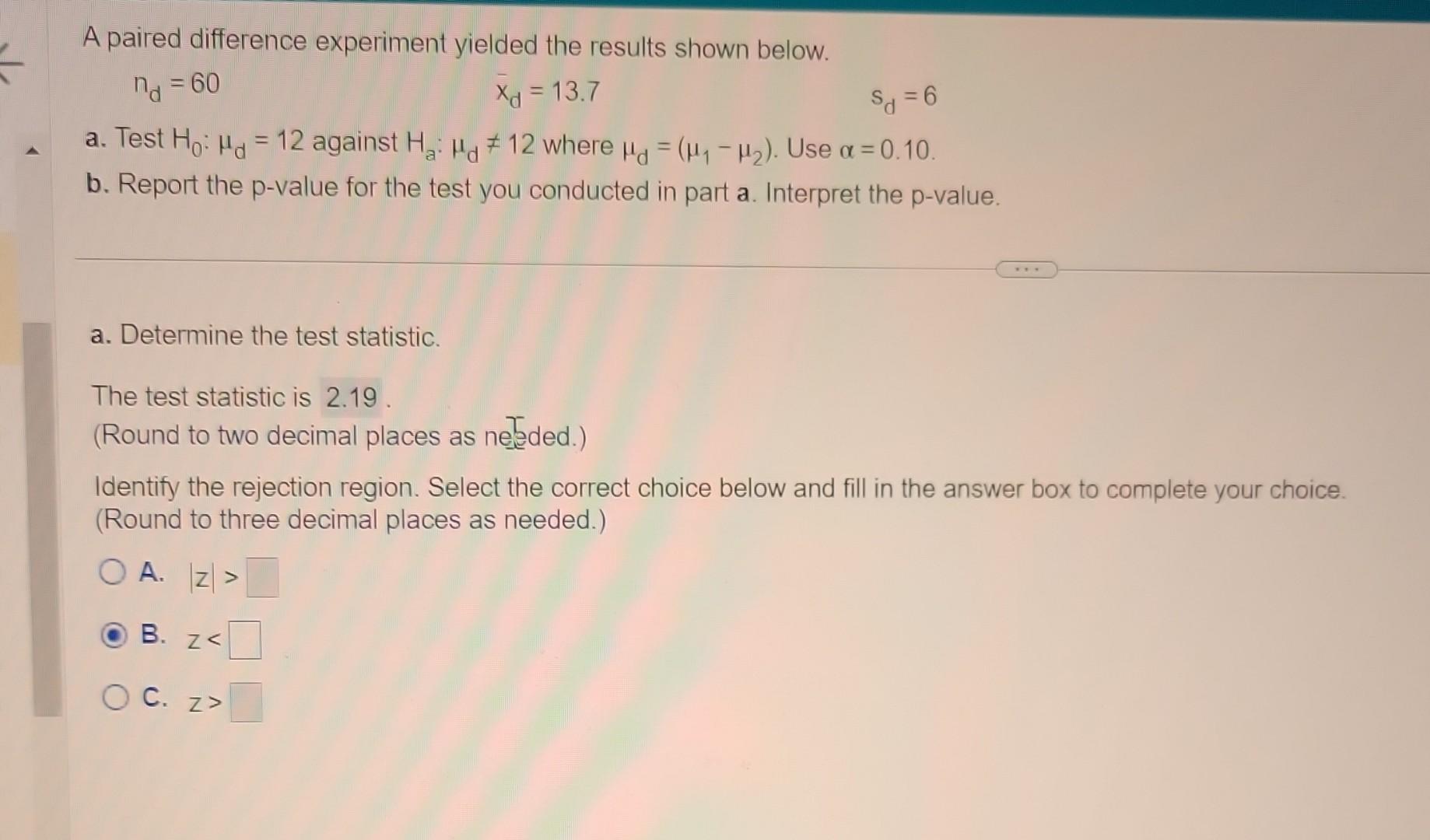 Solved A paired difference experiment yielded the results | Chegg.com