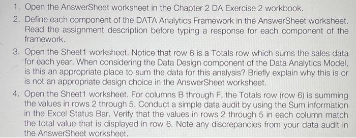 1. Open the AnswerSheet worksheet in the Chapter 2 DA | Chegg.com