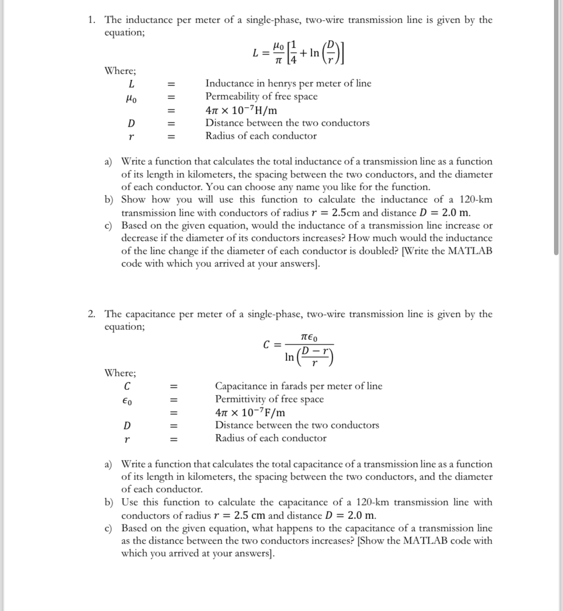 Solved The inductance per meter of a single-phase, two-wire | Chegg.com