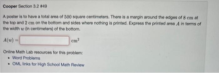 Solved A poster is to have a total area of 500 square | Chegg.com