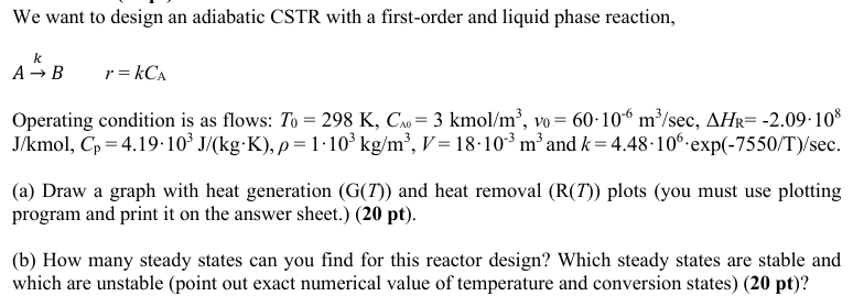We want to design an adiabatic CSTR with a | Chegg.com