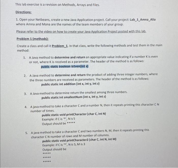 Solved This lab exercise is a revision on Methods, Arrays | Chegg.com