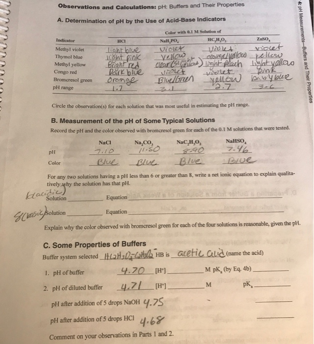 Observations and Calculations: pH: Buffers and Their | Chegg.com