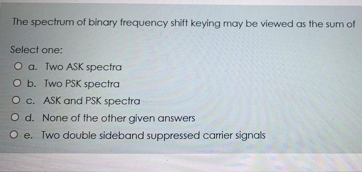 Solved The spectrum of binary frequency shift keying may be | Chegg.com