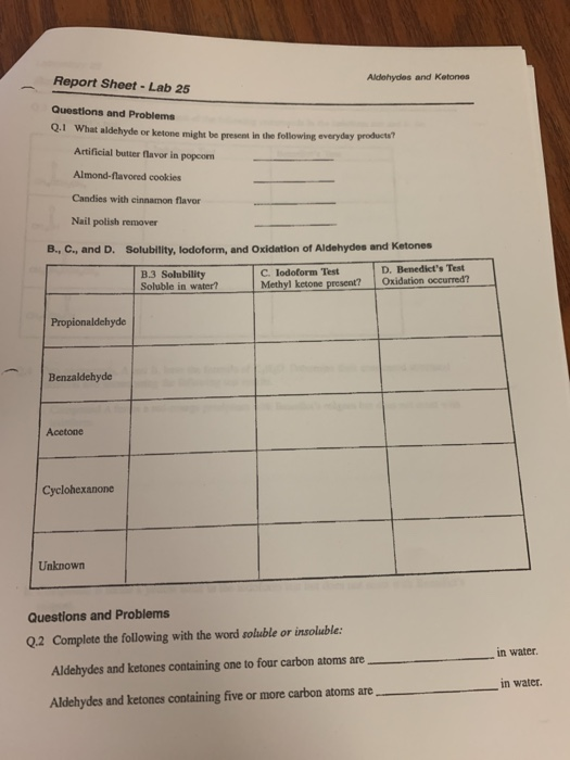 Solved Report Sheet - Lab 25 Aldehydes and Ketones Questions | Chegg.com