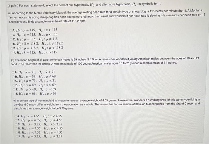 Solved point) For each statement, select the correct null | Chegg.com