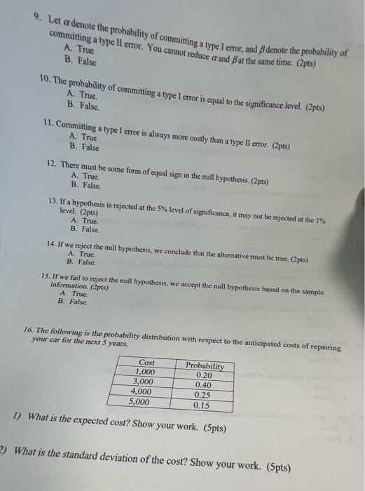 Solved 9. Let α denote the probability of committing a type | Chegg.com