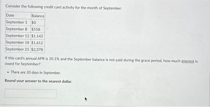 Solved Consider the following credit card activity for the | Chegg.com