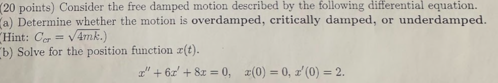 Solved (20 ﻿points) ﻿Consider the free damped motion | Chegg.com