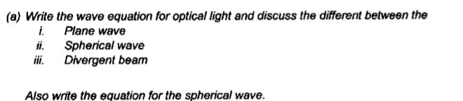 Solved (a) ﻿Write the wave equation for optical light and | Chegg.com