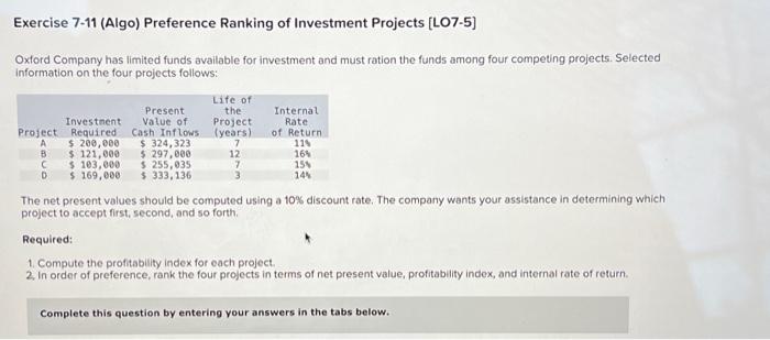 Solved Exercise 7-11 (Algo) Preference Ranking of Investment | Chegg.com