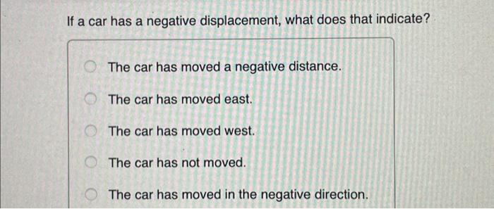 Solved If a car has a negative displacement, what does that | Chegg.com