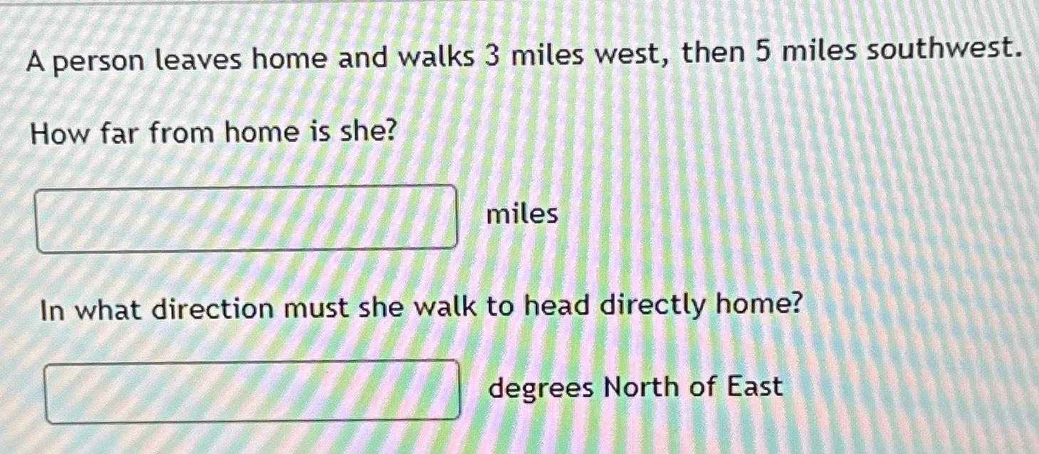 Solved A person leaves home and walks 3 ﻿miles west, then 5 | Chegg.com