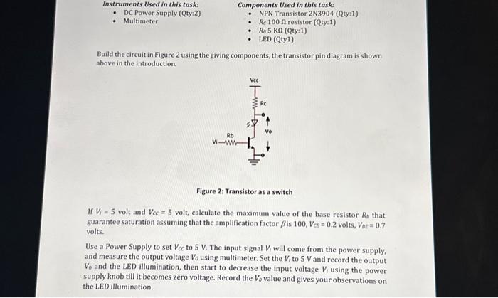 Solved Instruments Used in this task: - DC Power Supply | Chegg.com
