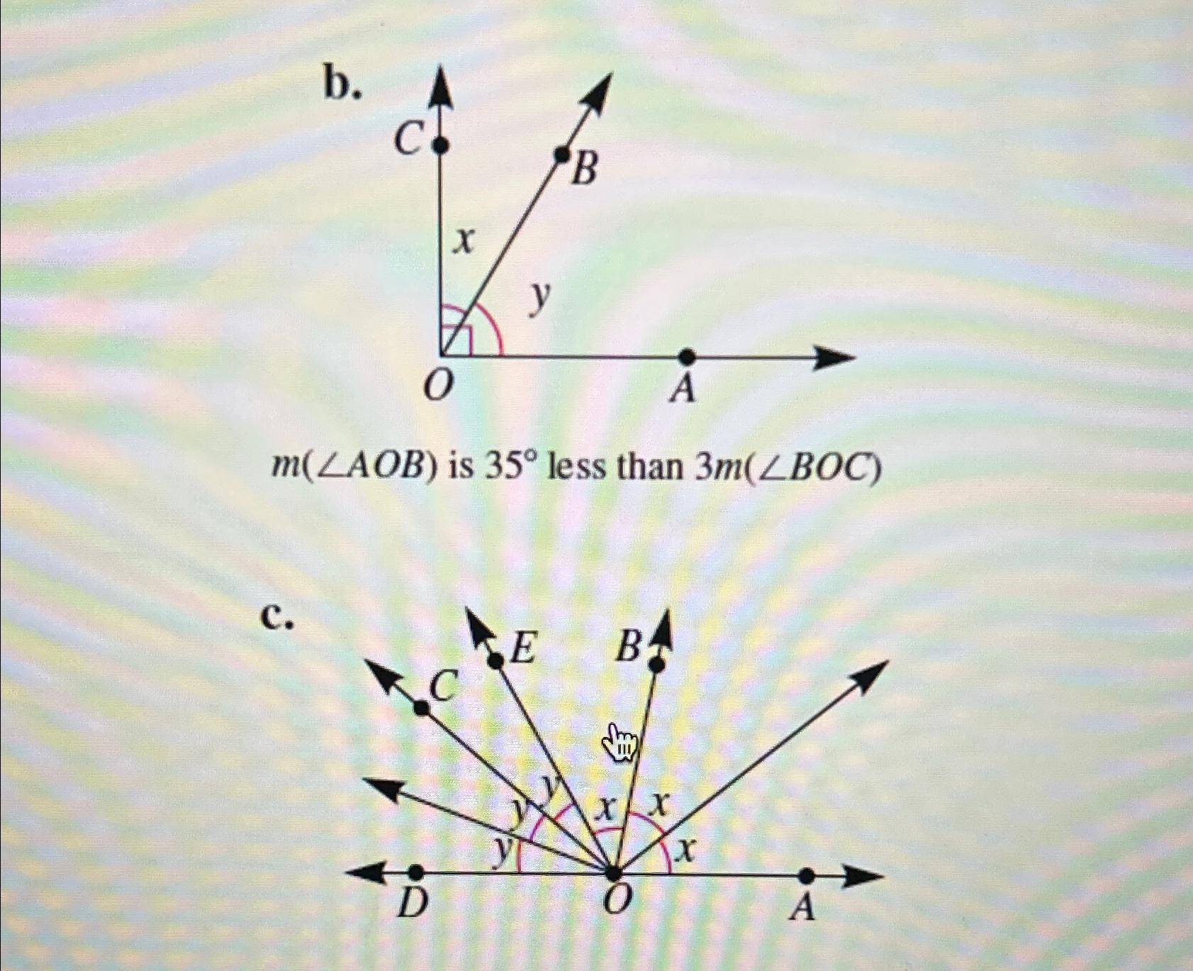 Solved m(??AOB) ﻿is 35° ﻿less than 3m(??BOC)c | Chegg.com