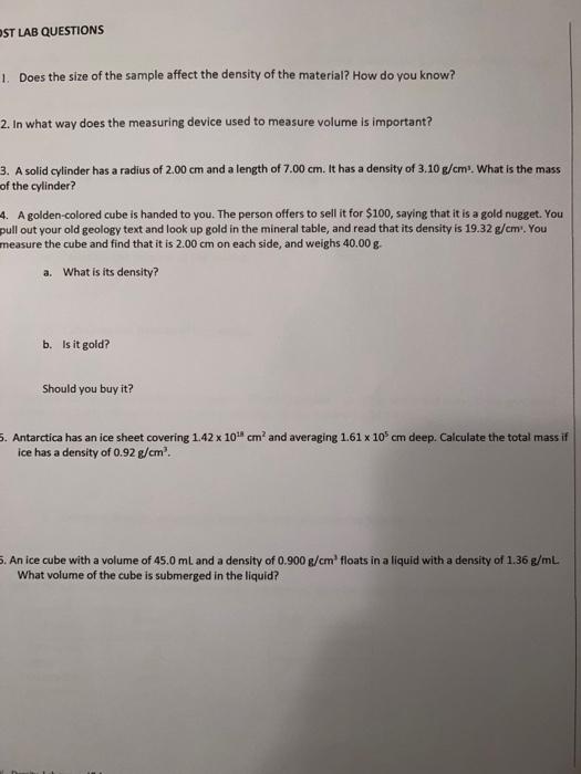 Solved 1. Does the size of the sample affect the density of | Chegg.com