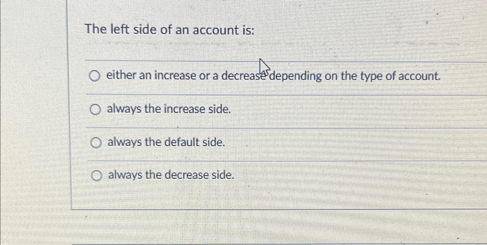 Solved The left side of an account is:either an increase or | Chegg.com