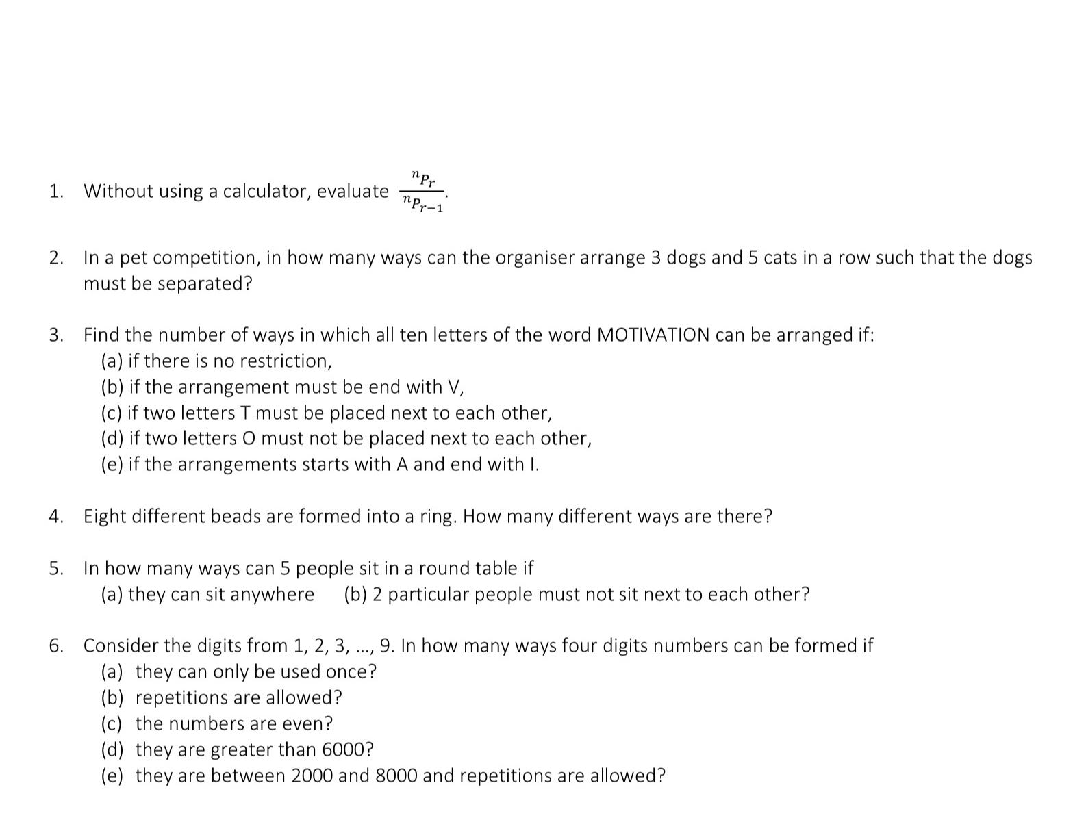 Solved Without using a calculator, evaluate ?nPr?nPr-1.In a | Chegg.com