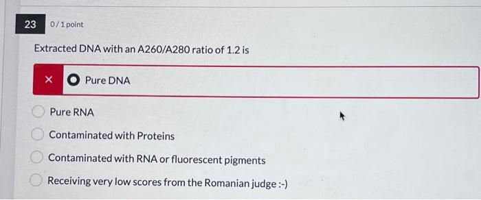 Solved Extracted DNA with an A260/A280 ratio of 1.2 is Pure | Chegg.com