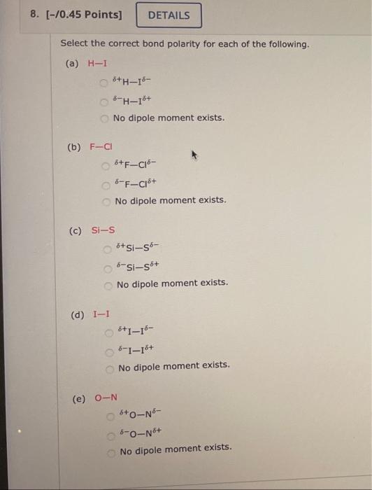Solved Select the correct bond polarity for each of the | Chegg.com