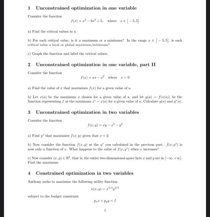 Solved 1 Unconstrained Optimization In One Variable Consider 