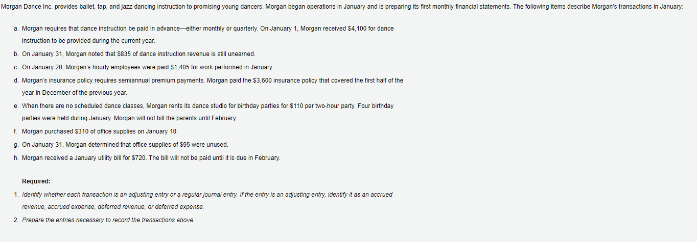 Solved Morgan Dance Inc. provides ballet, tap, and jazz | Chegg.com