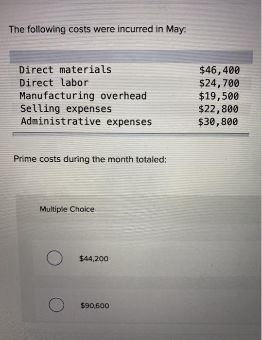 Solved The following costs were incurred in May: Direct | Chegg.com