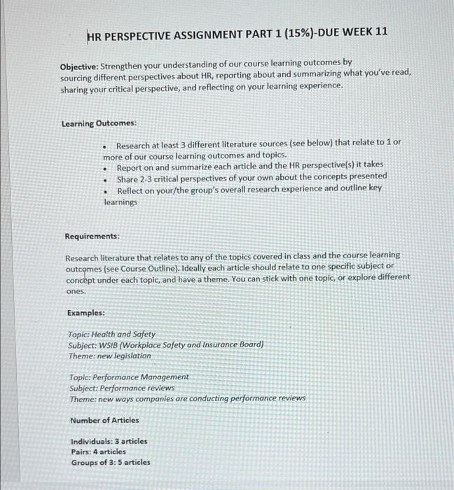 HR PERSPECTIVE ASSIGNMENT PART 1 (15%)-DUE WEEK 11 | Chegg.com