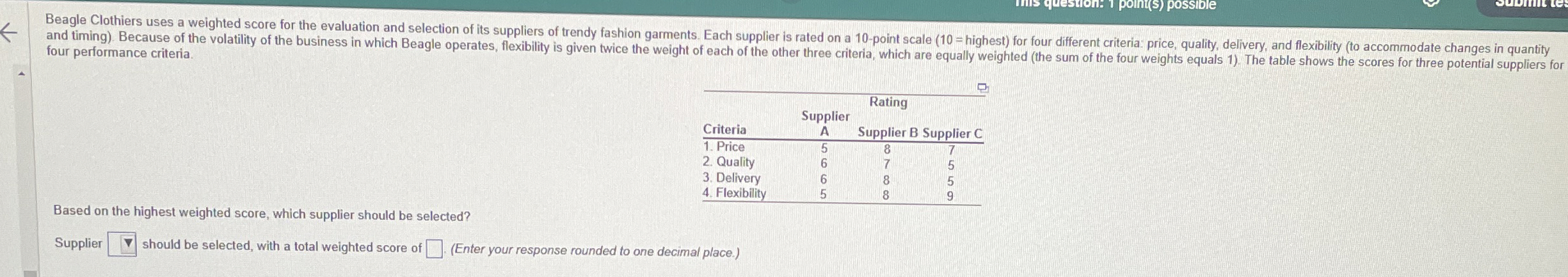 Solved four performance criteria.\table[[Criteria,Supplier | Chegg.com