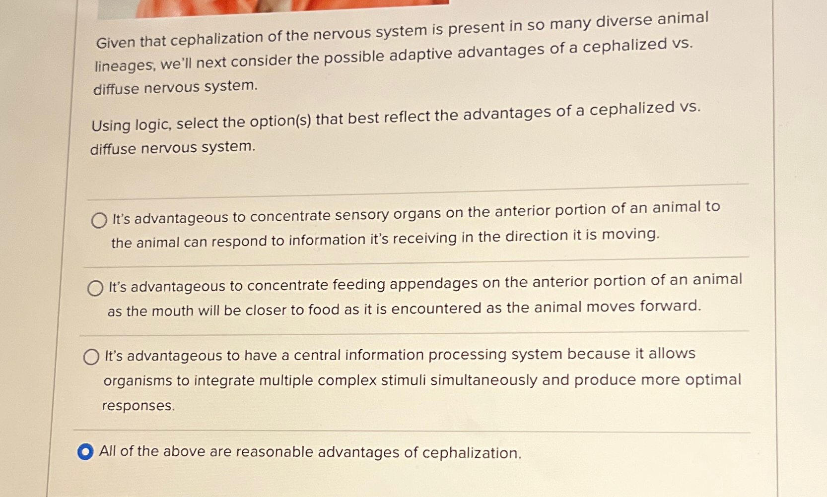 Solved Given that cephalization of the nervous system is | Chegg.com