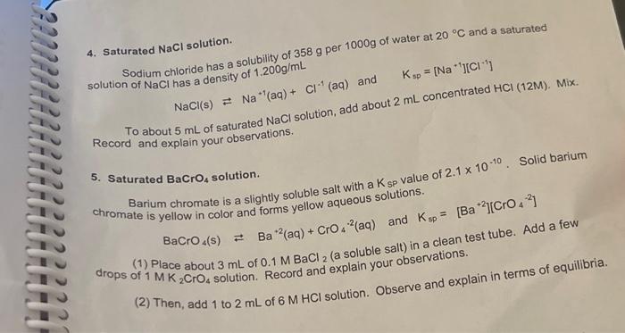 Solved 4. Saturated NaCl Solution 5. Saturated BaCrO4 | Chegg.com