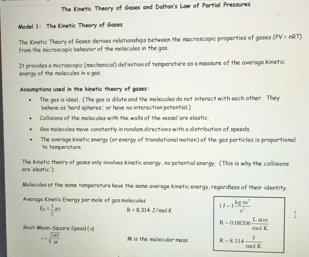 Solved The Kinetic Theory of Gases and Dalton's Law of | Chegg.com