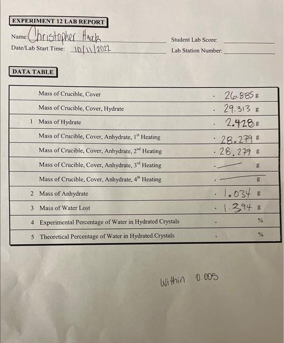 Solved EXPERIMENT 12 LAB REPORT Name: Hristopher Hauch | Chegg.com