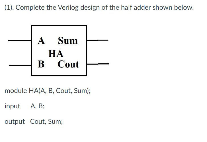 Solved (1). ﻿Complete the Verilog design of the half adder | Chegg.com