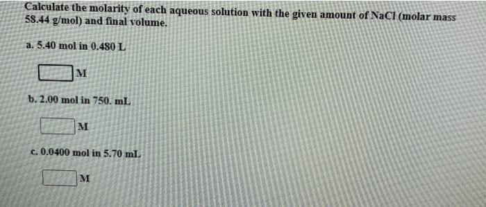 Solved Calculate the molarity of each aqueous solution with | Chegg.com