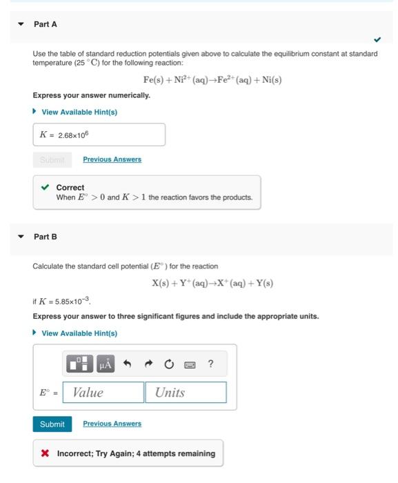 Solved Use the table of standard reduction potentials given | Chegg.com
