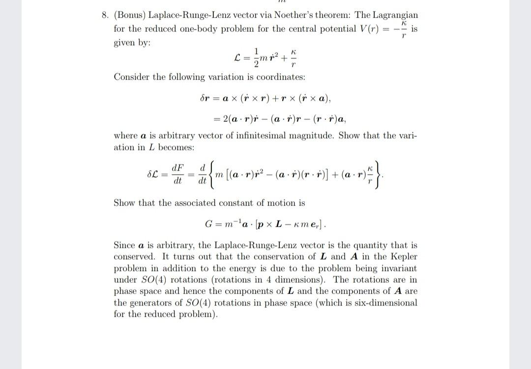 Solved 8. (Bonus) Laplace-Runge-Lenz vector via Noether's | Chegg.com