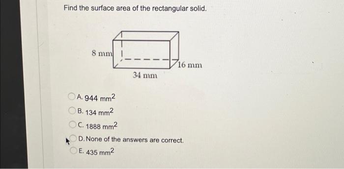Solved Find the surface area of the rectangular solid. ובות | Chegg.com