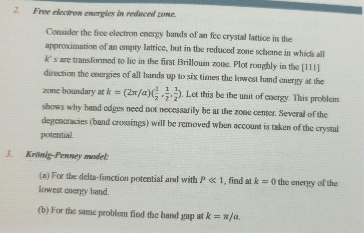 Solved 2 Free electron energies in reduced zone. Consider | Chegg.com