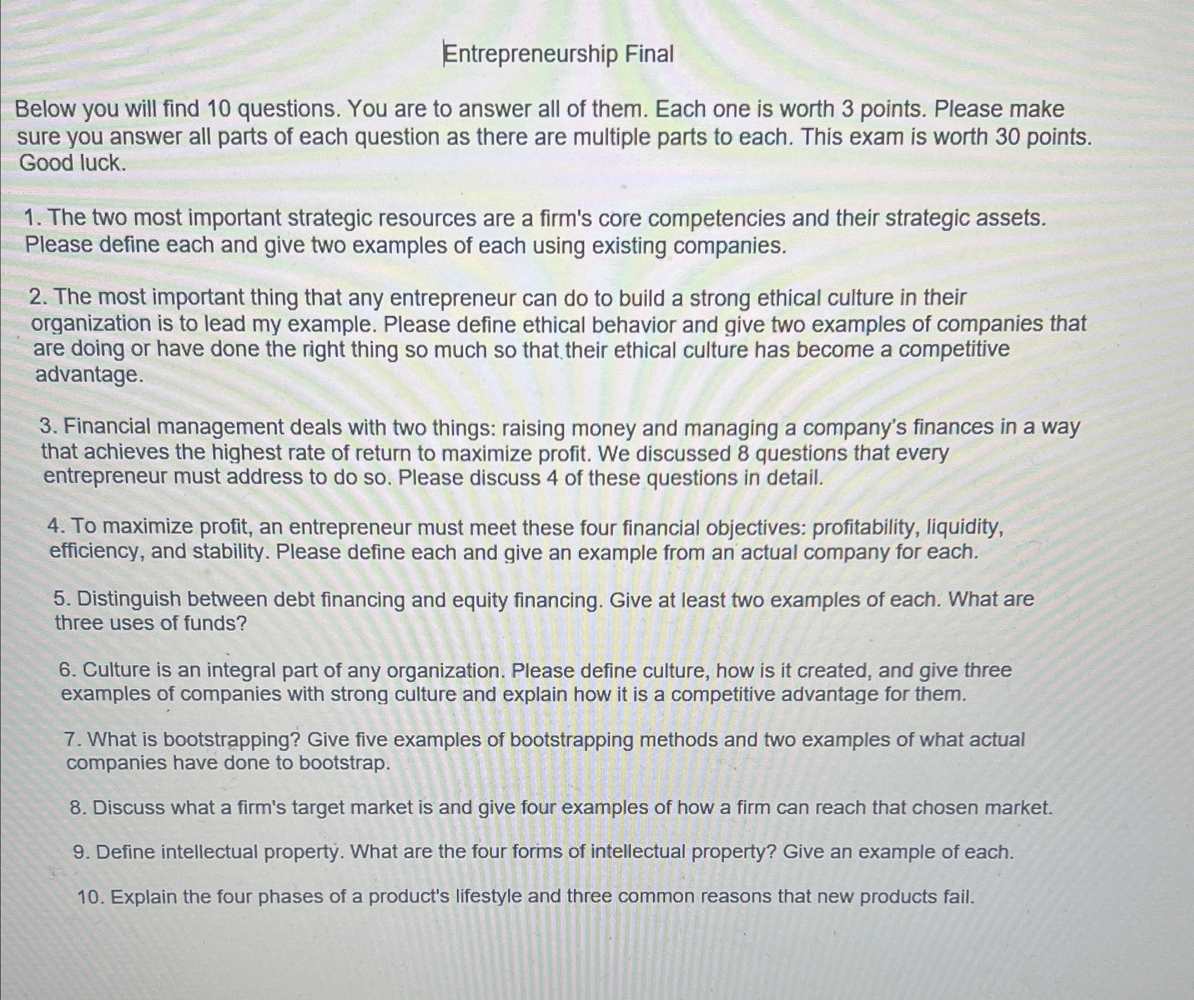 Solved Entrepreneurship FinalBelow you will find 10 | Chegg.com