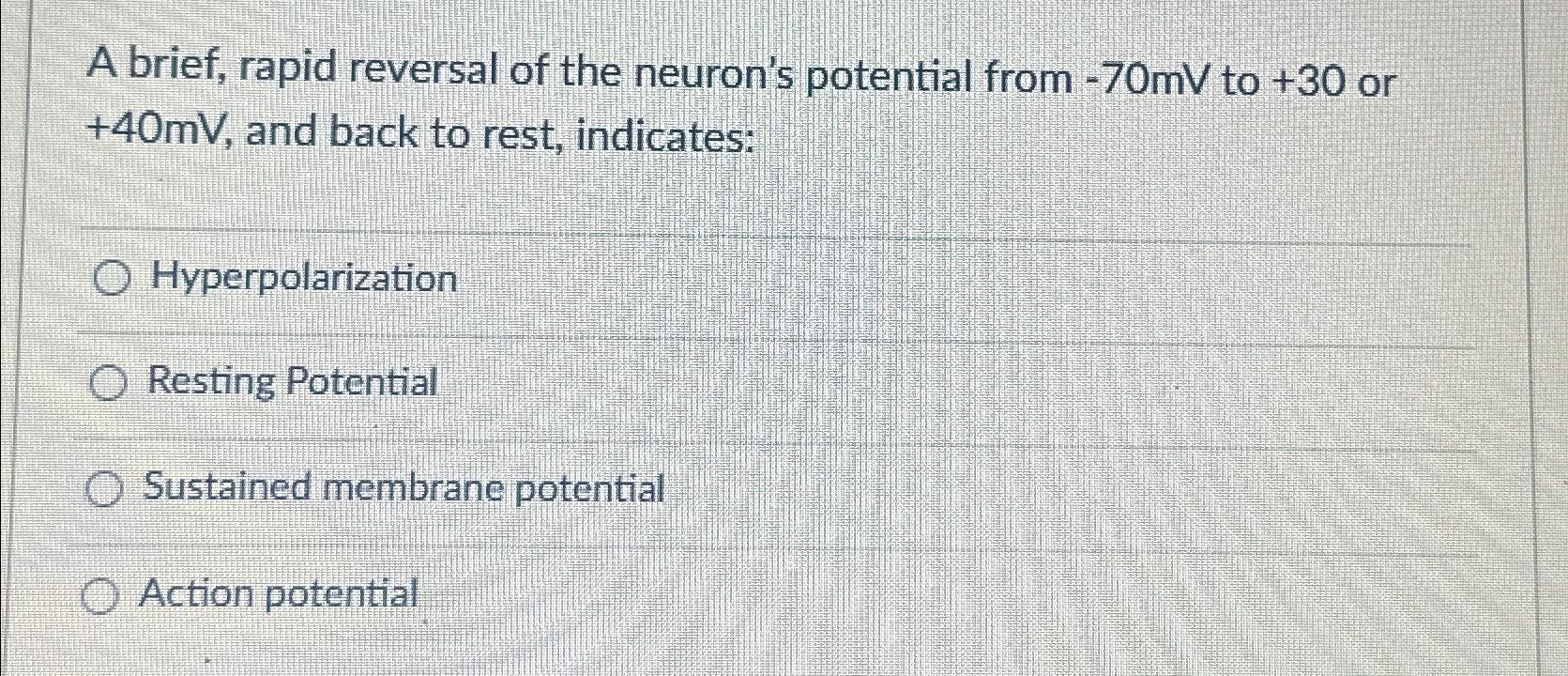 Solved A brief, rapid reversal of the neuron's potential | Chegg.com