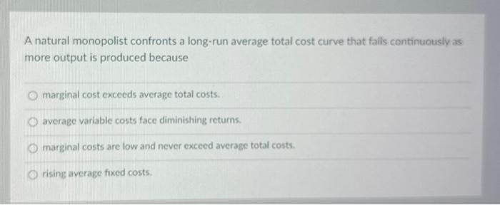Solved A natural monopolist confronts a long-run average | Chegg.com