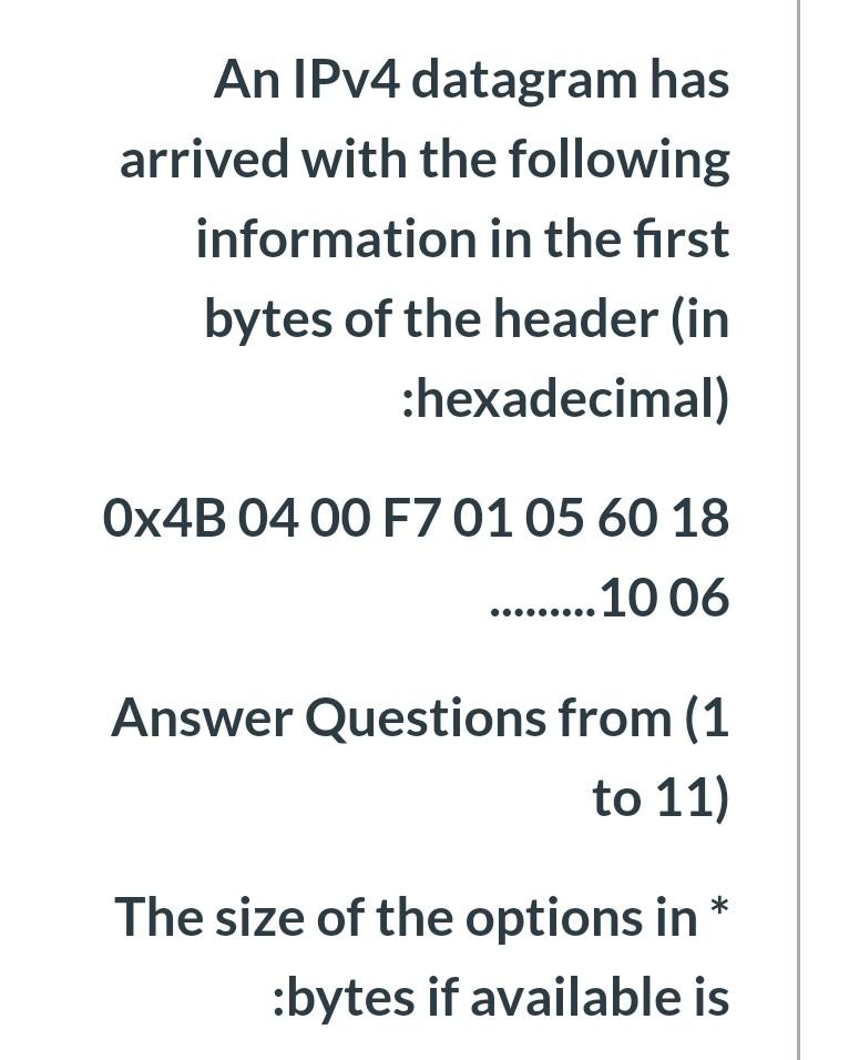 Solved An IPv4 datagram has arrived with the following | Chegg.com
