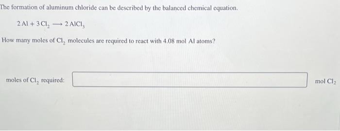 Solved The formation of aluminum chloride can be described | Chegg.com