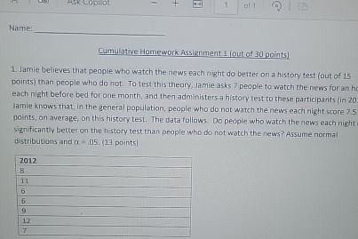 Solved Name: q,Cumulative Homework Assignment I [out of 30 | Chegg.com