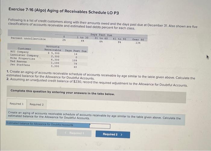 Solved Exercise 7-16 (Algo) Aging of Receivables Schedule LO | Chegg.com