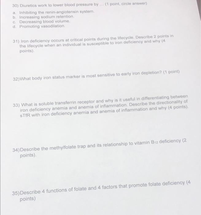 Solved 30) Diuretics work to lower blood pressure by(1 | Chegg.com